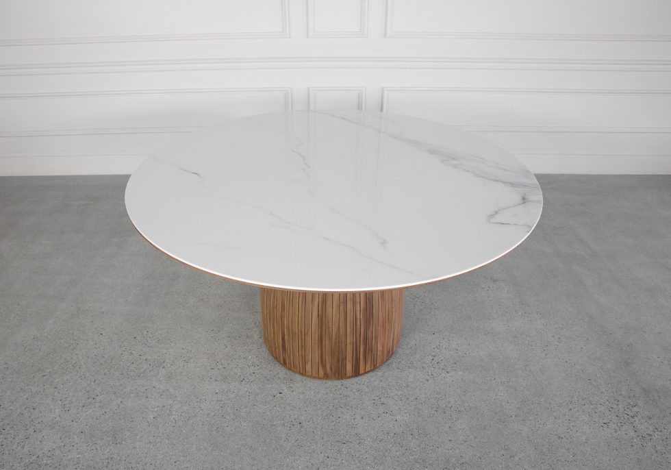 Piccolo Round Ceramic Dining Table | Pleated Wood Base Design ...